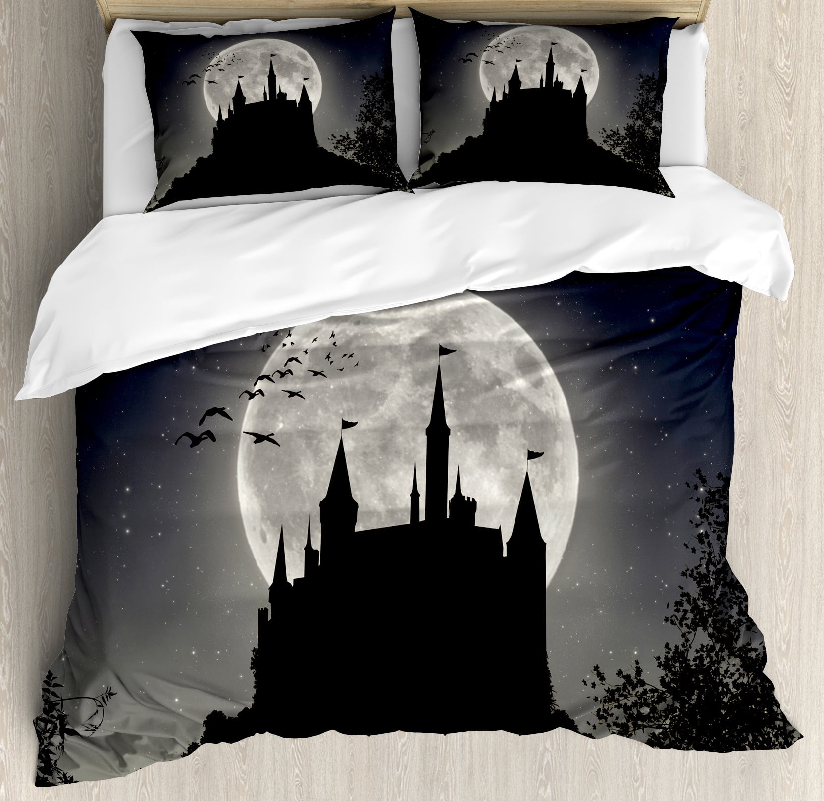 Castle Duvet Cover Set, Dark Silhouette of a Big Fortress with Flagged ...