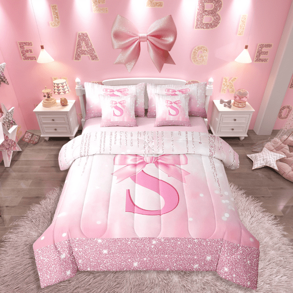 Castle Fairy 7-Piece Queen Bedding Set - Initial S, Kawaii Bow (Glitter ...