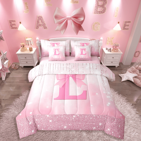 Castle Fairy 7-Piece Queen Bedding Set - Initial L, Cute Bow (Pink ...