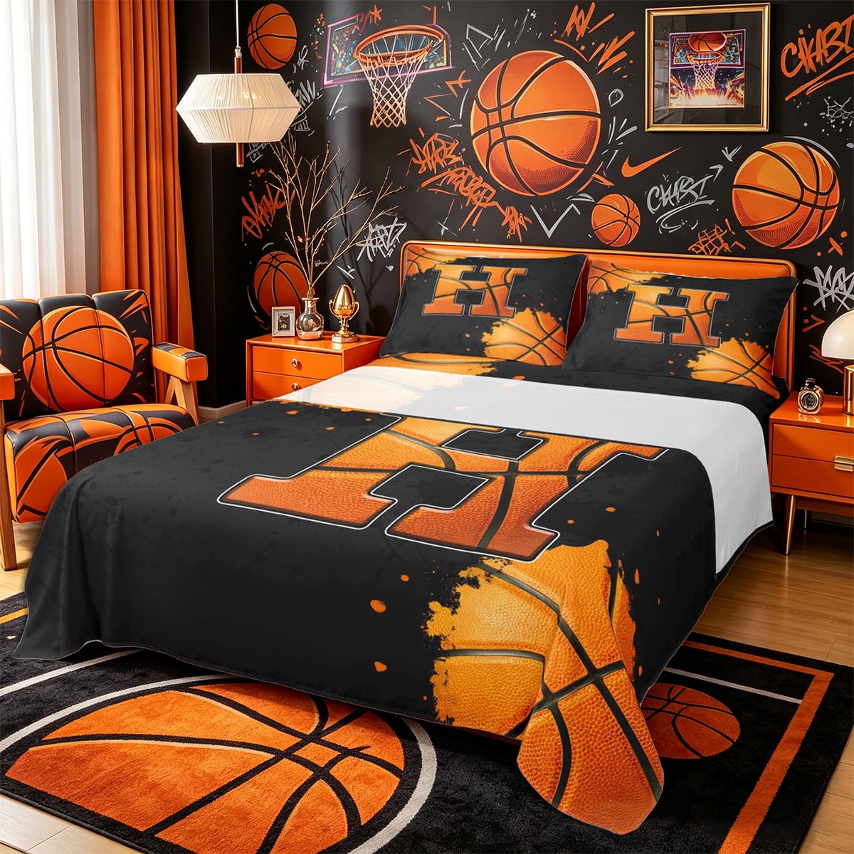 Castle Fairy Abstract Basketball Print Bed Sheets 4-Piece, Sport Theme ...