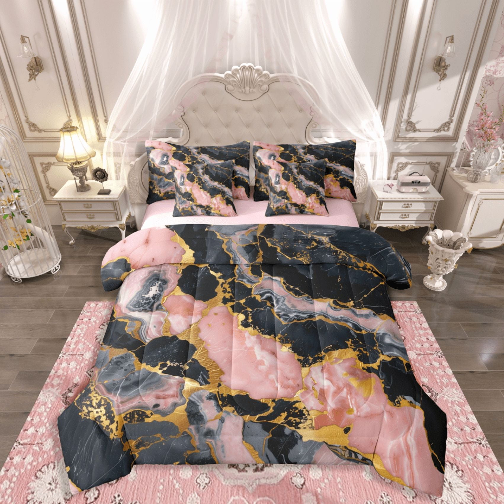 Castle Fairy Abstract Marble 7pcs Bedding Comforter Set,Stone Pattern Queen Bedding Sets Super ...