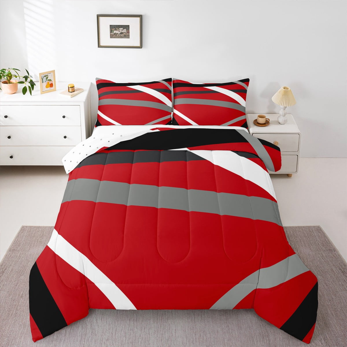 Castle Fairy Abstract Stripes 3-Piece Full Size Comforter Sets,Grey Red ...