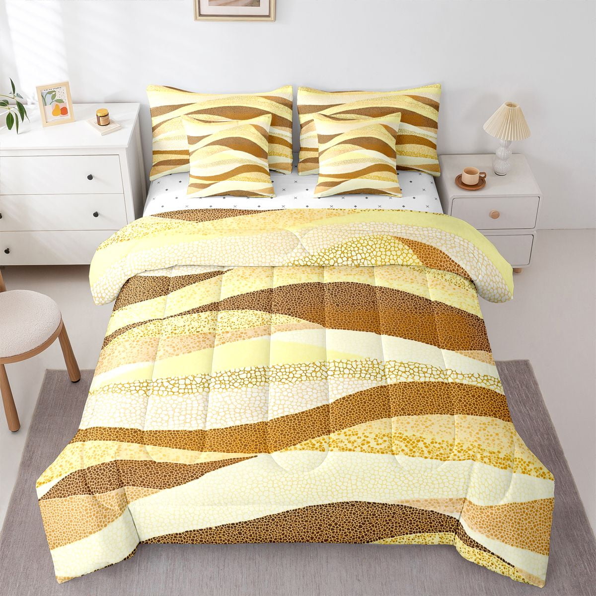 Castle Fairy Abstract Stripes Bedding Comforter Set,Yellow Brown Lines ...