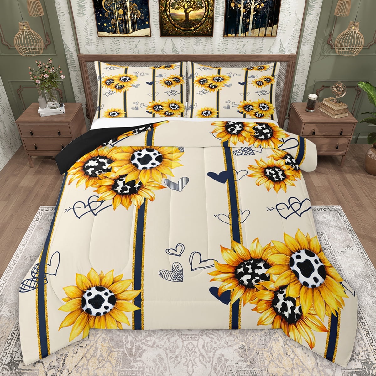 Castle Fairy Abstract Sunflower Queen Comforter Set,Cow Print Bedding ...