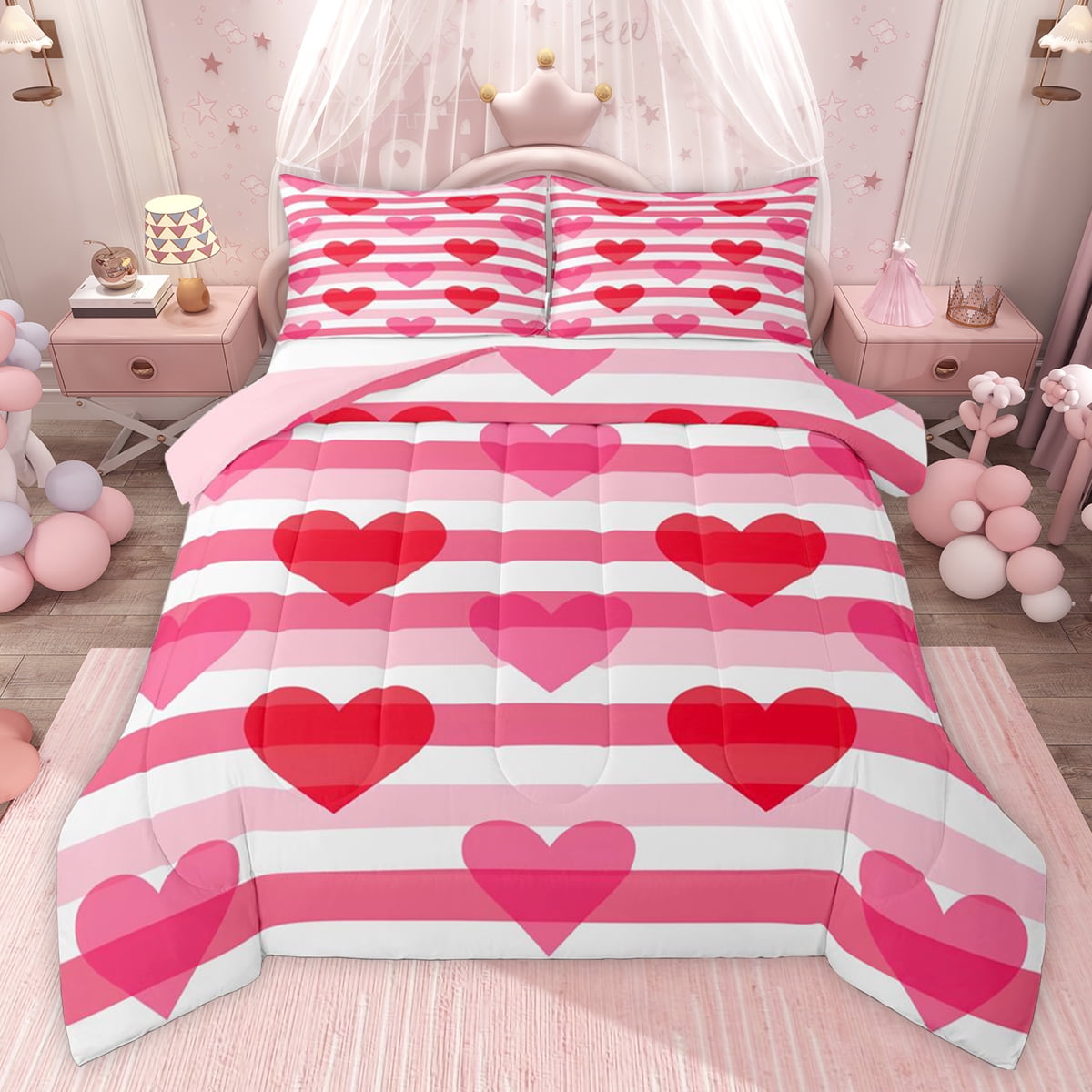 Castle Fairy Adults Cute Love Heart Full Size Comforter Sets,Pink Red ...