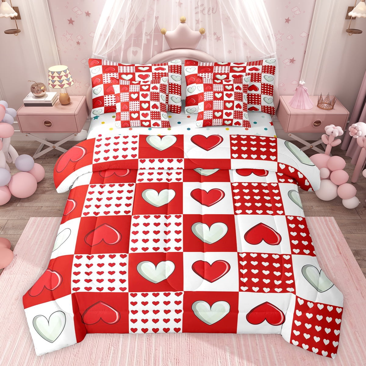 Castle Fairy Adults Cute Love Heart Twin Bedding Sets,Red White Bedding ...
