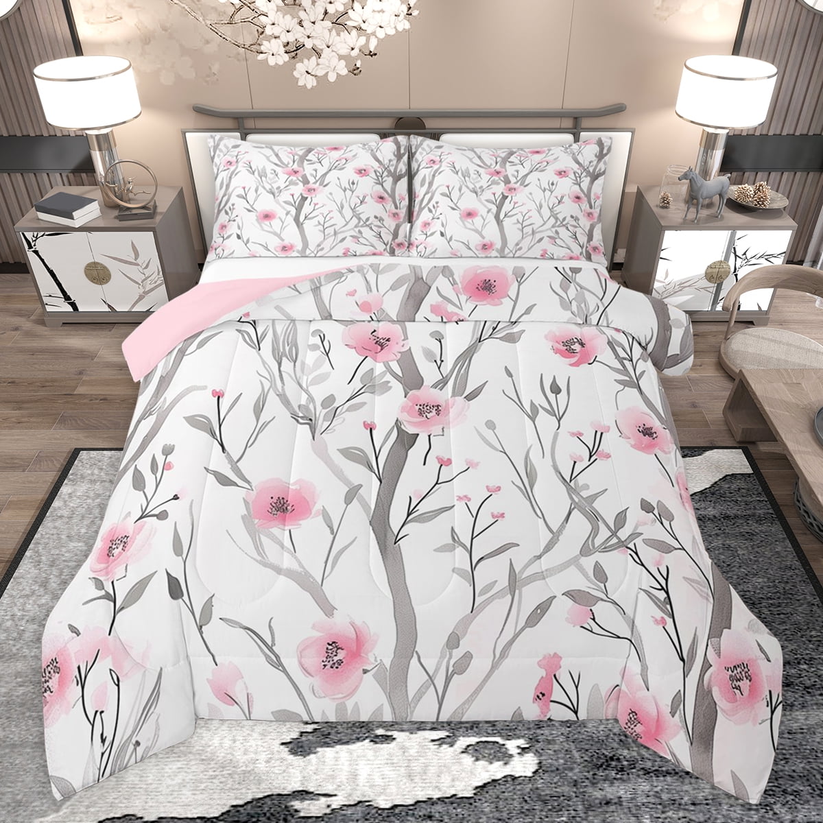 Castle Fairy Adults Pink Flowers Full Size Comforter Sets,Chic Floral ...