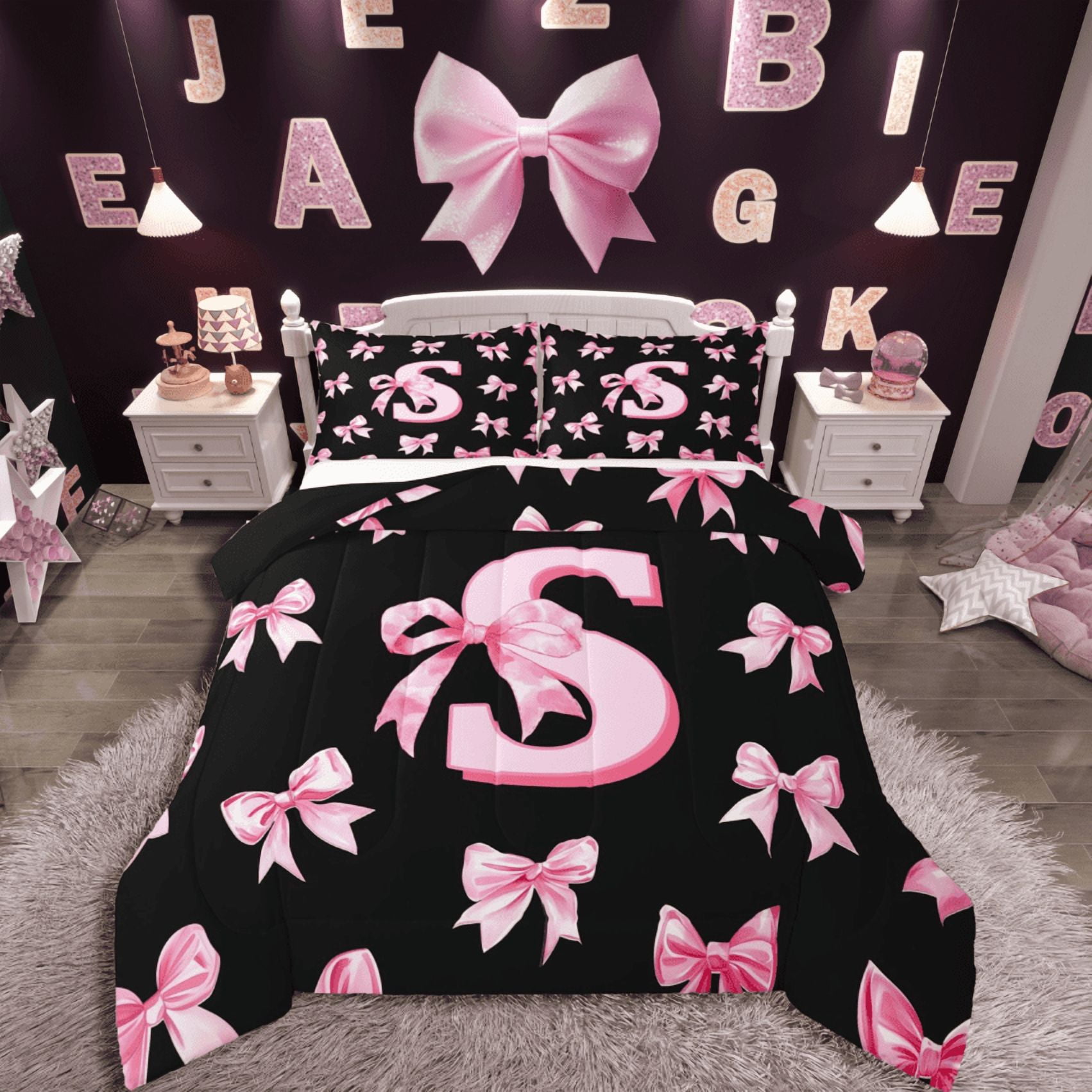 Castle Fairy Alphabet Bowknot 3 Pieces Queen Comforter Set,Pink Bow ...