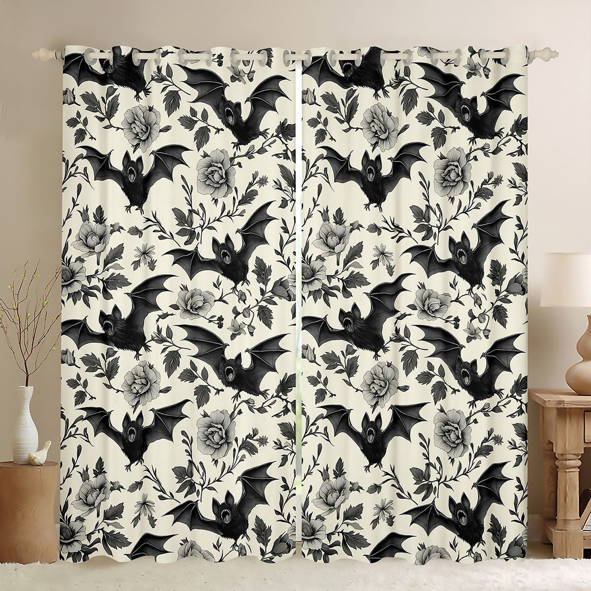 Castle Fairy Animal Bats Black Out Curtains,Floral Rose Curtains Pack ...
