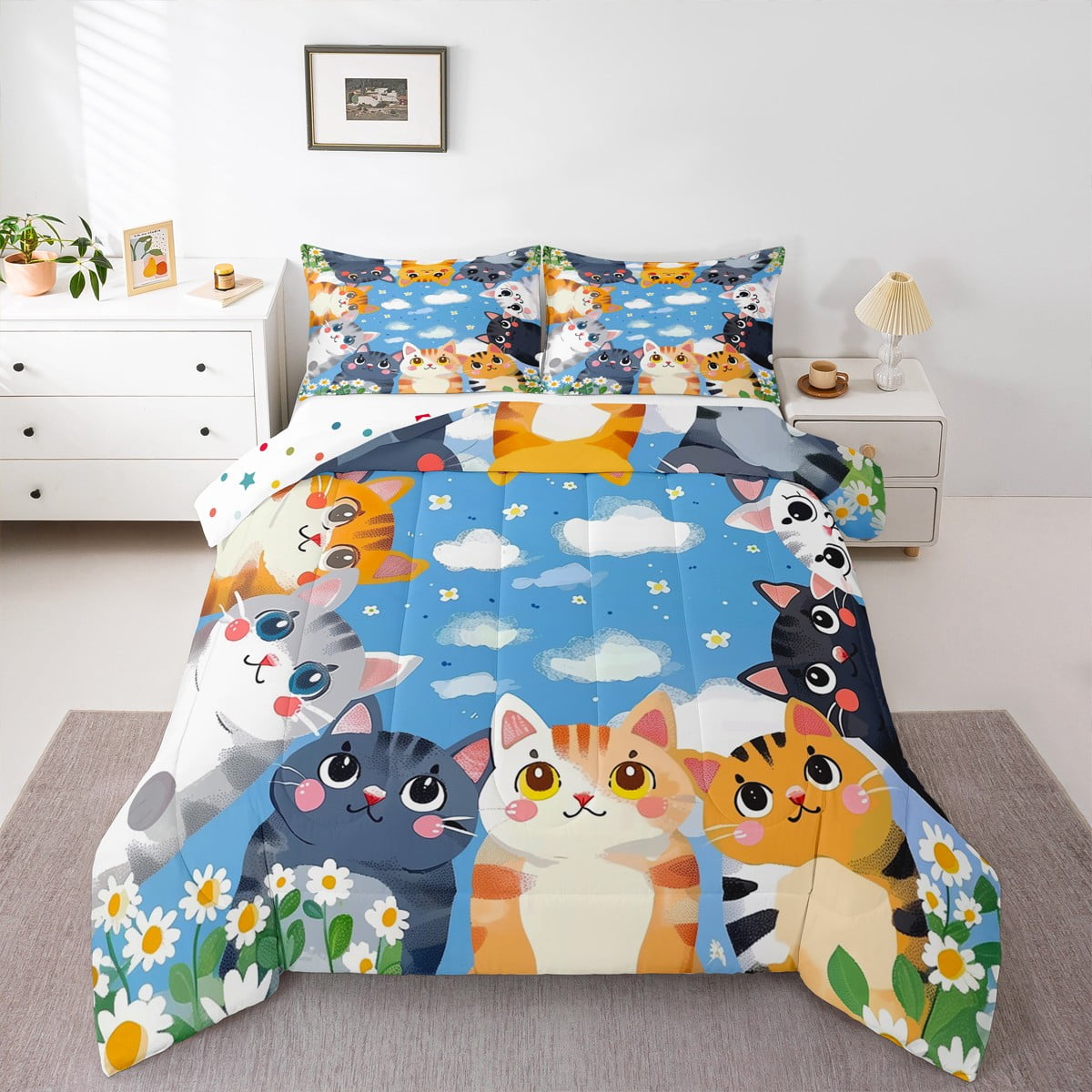 Castle Fairy Animal Cats 3-Piece Full Size Comforter Sets,Floral Daisy ...