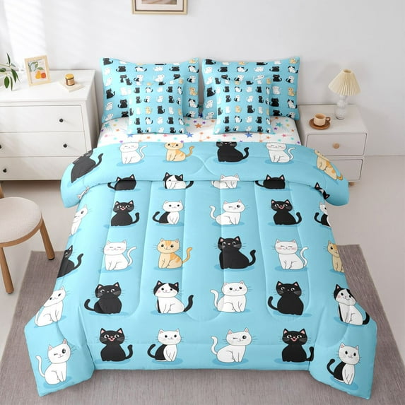 Castle Fairy Animal Cats Bedding Comforter Set,Black Blue White Queen ...