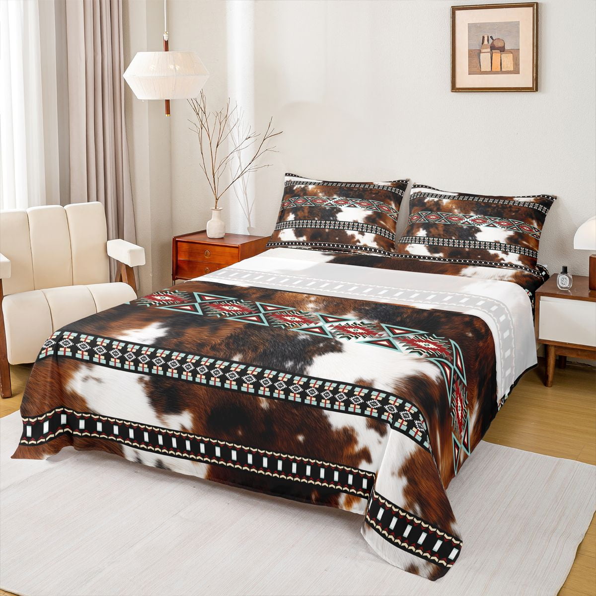 Castle Fairy Animal Cow Print Queen Sheet Sets,Western Boho Aztec Bed ...