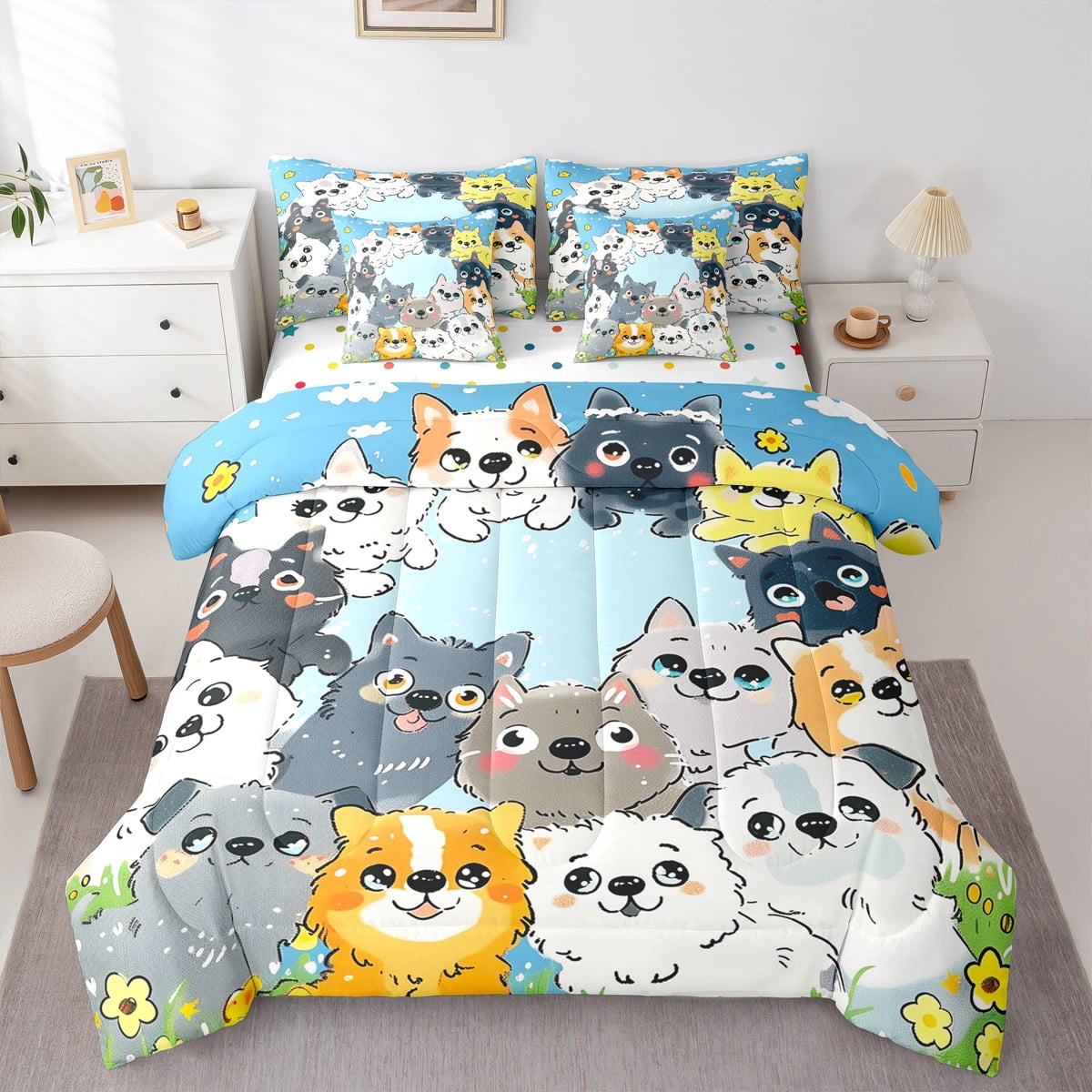 Castle Fairy Animal Dogs 7-Piece Bedding Comforter Set,Yellow Flower ...