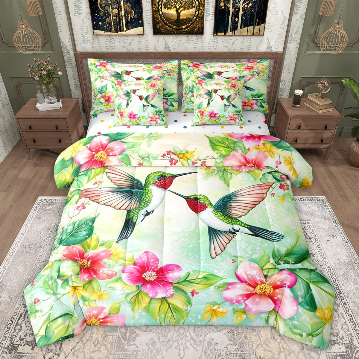 Castle Fairy Animal Hummingbird Bedding Comforter Set,Pink Flowers ...