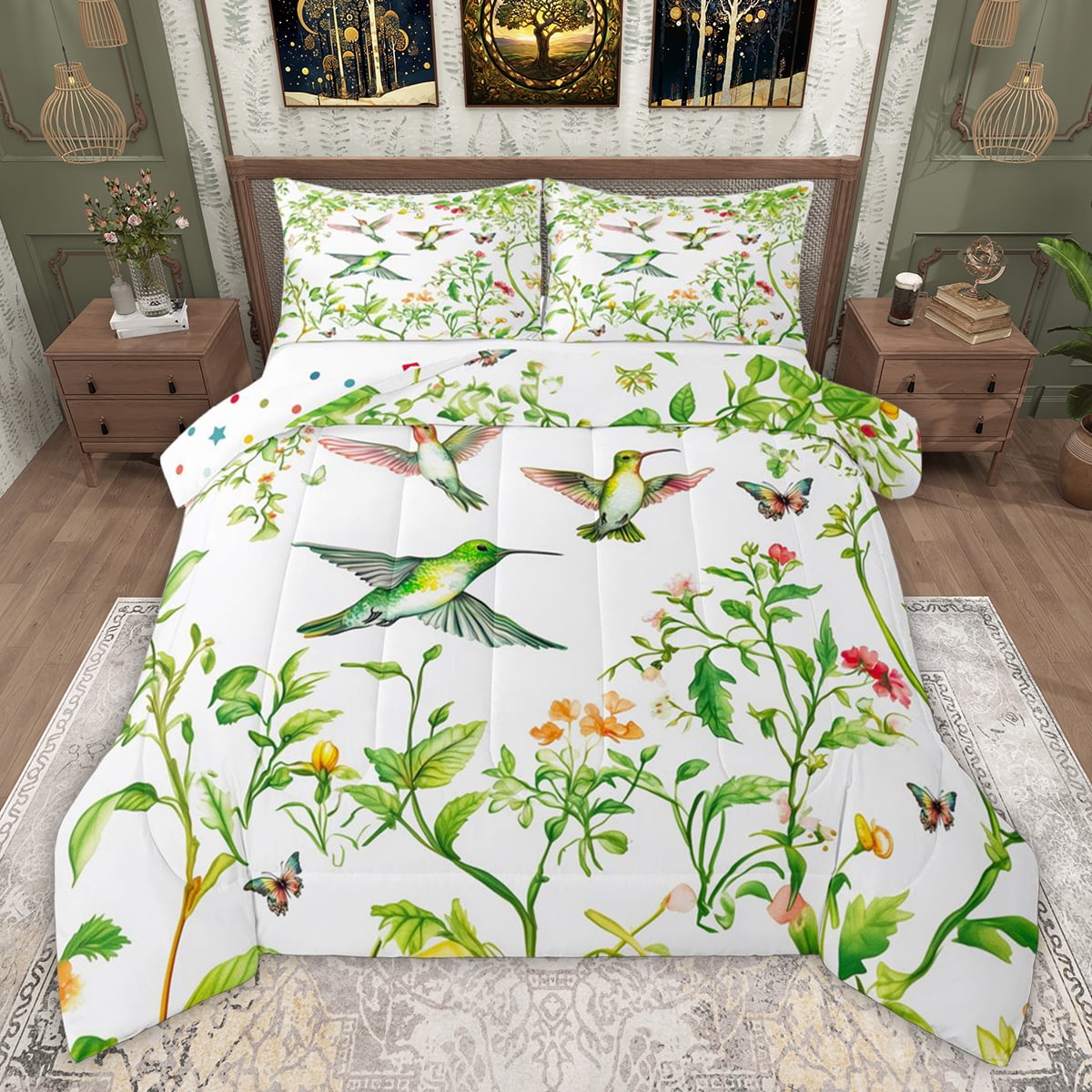 Castle Fairy Animal Hummingbird Queen Comforter Set,Chic Flowers ...