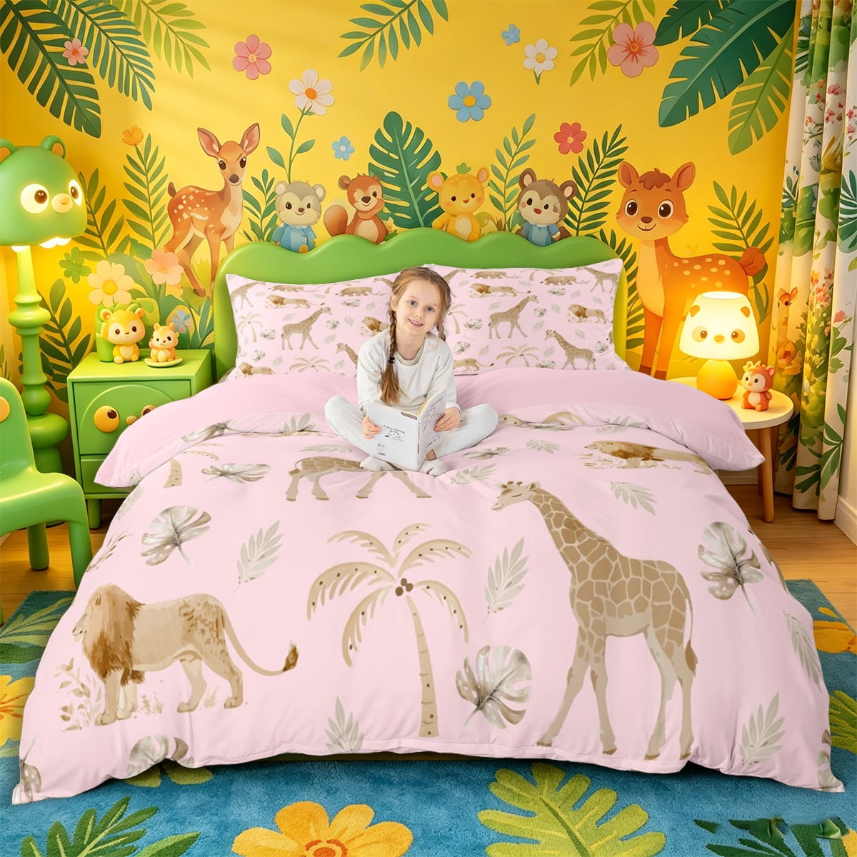 Castle Fairy Animal Lion Elephant Giraffe Bedding,Tropical Palm Tree ...