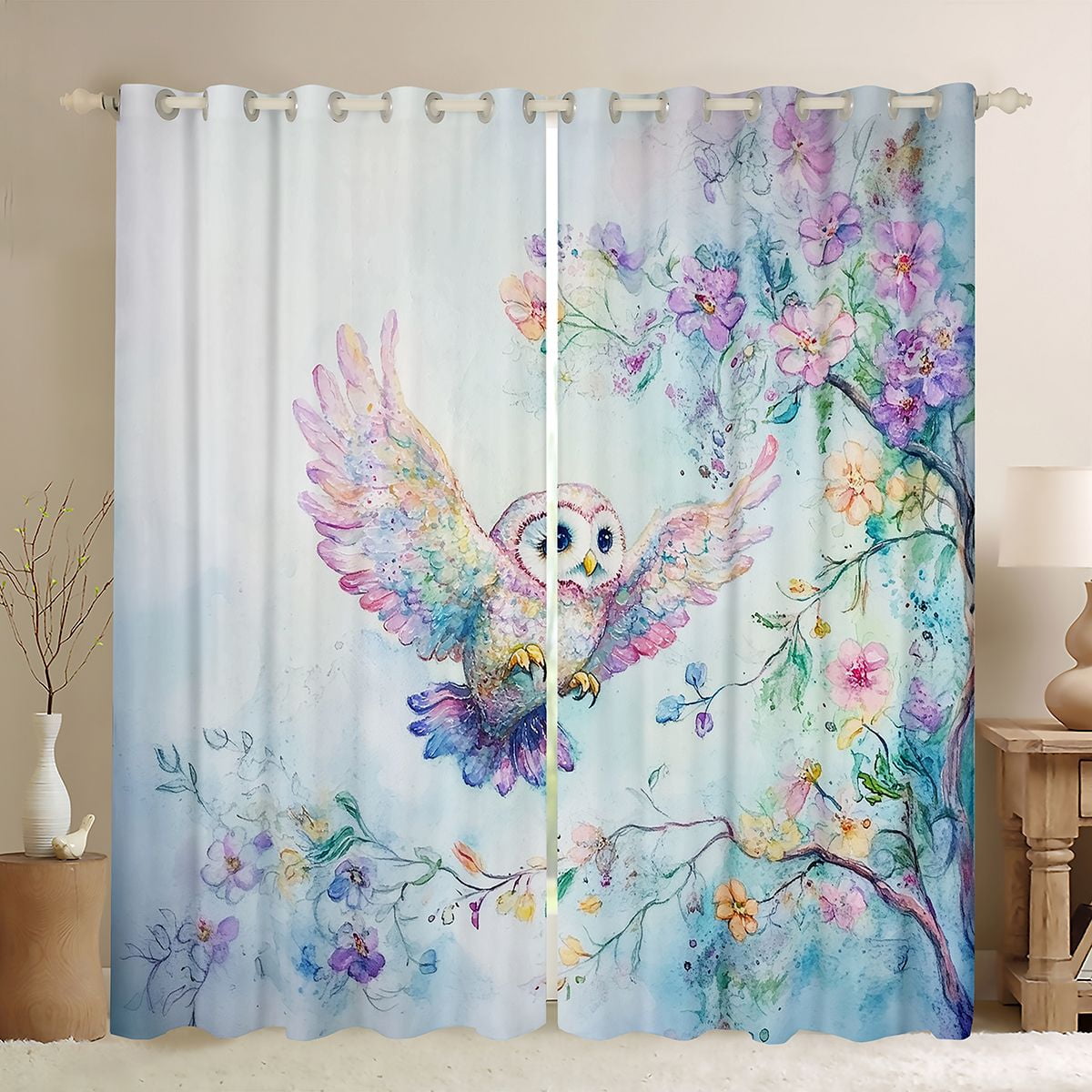 Castle Fairy Animal Owl Curtains Pack of 2 (42x84 Each),Floral Flowers ...