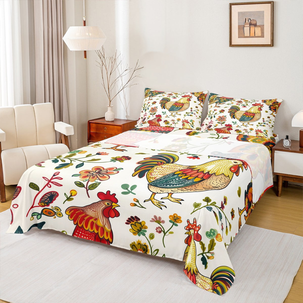 Castle Fairy Animal Rooster 4pcs Bed Sheets,Chic Flower King Sheets ...
