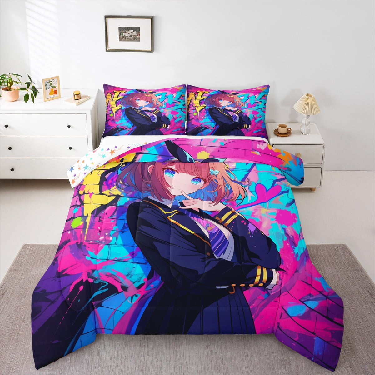 Castle Fairy Anime Girl 3 Pieces Queen Comforter Set,Japanese Animation ...