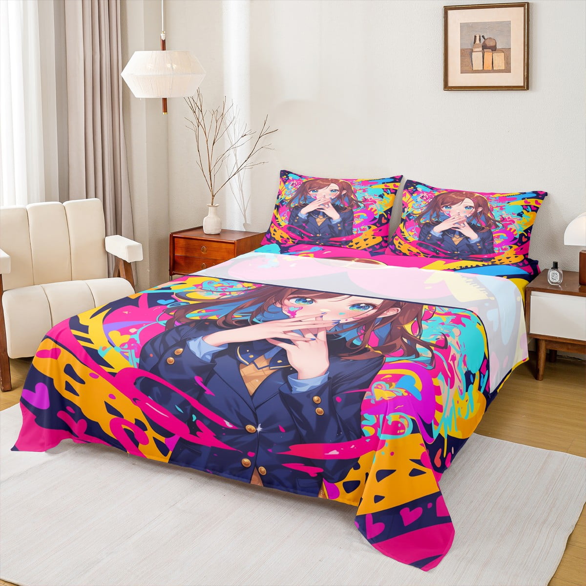 Castle Fairy Anime Girl 4-Piece Full Size Sheets,Love Heart Print Bed ...