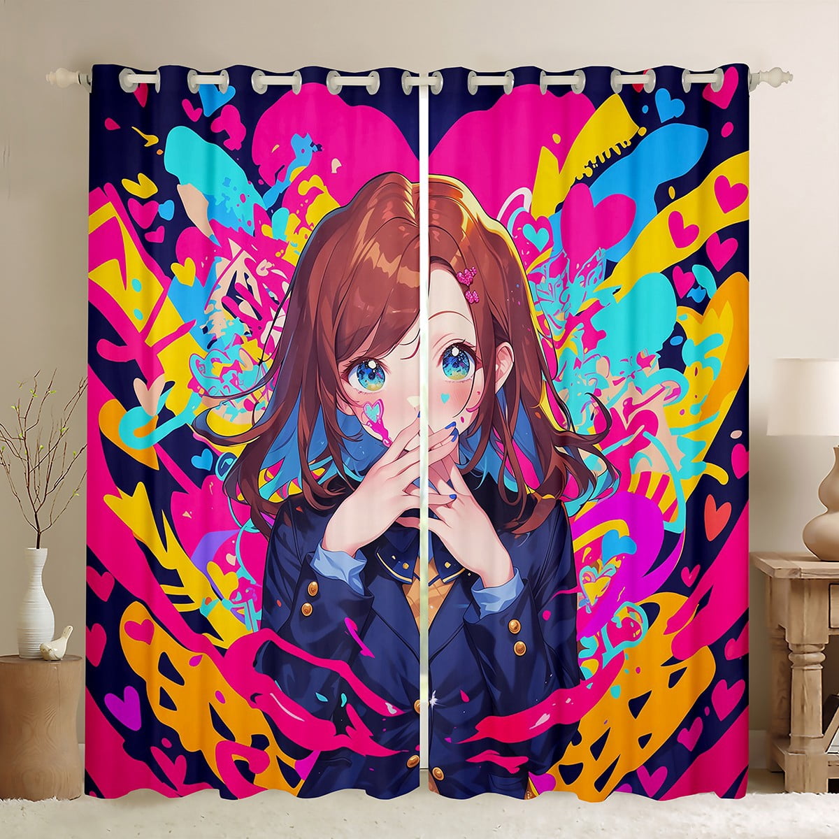 Castle Fairy Anime Girl Black Out Curtains,Love Heart Print Curtains ...