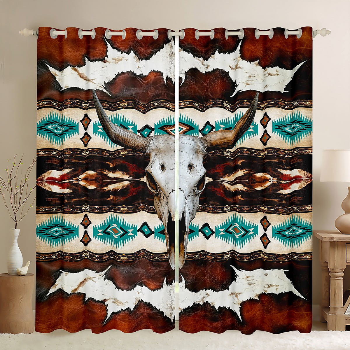 Castle Fairy Aztec Blackout Curtains Set of 2 (52x84 Each),Bull Skull ...