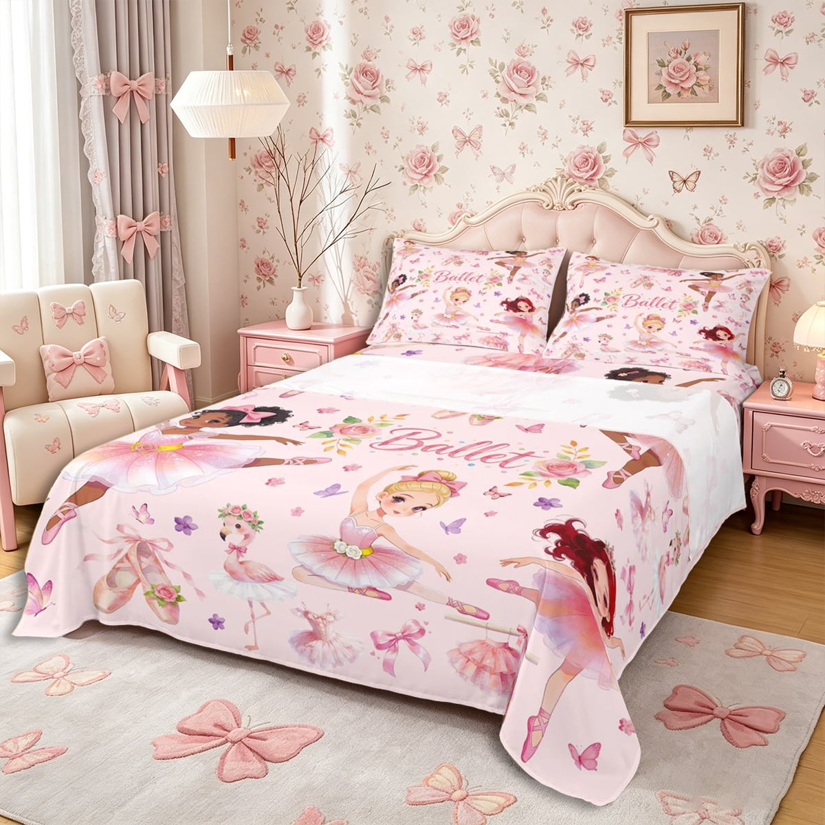 Castle Fairy Ballet Dance Girl Bed Sheets 4-Piece,Floral Butterfly ...