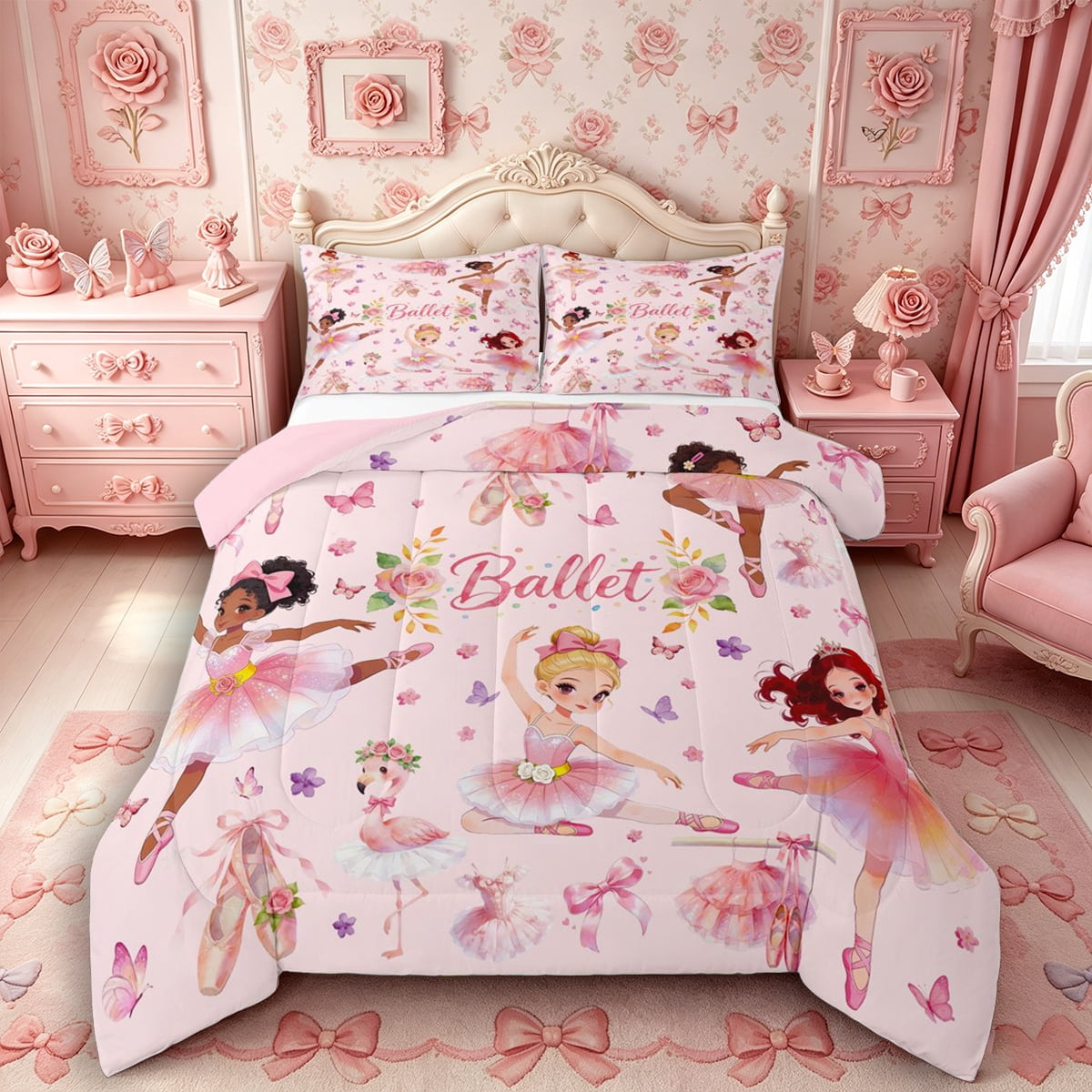 Castle Fairy Ballet Dance Girl Queen Comforter Set 3 Pieces,Floral ...