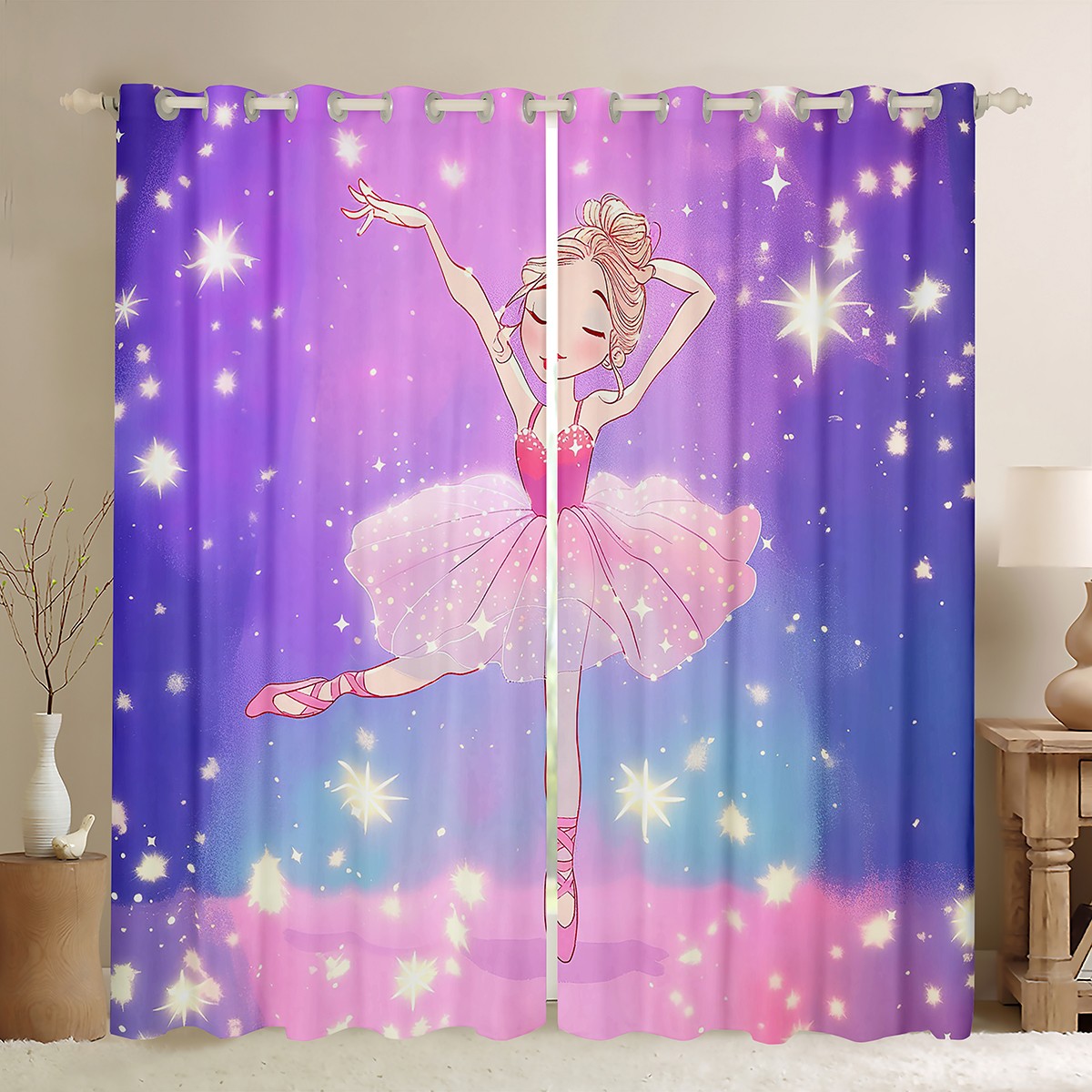 Castle Fairy Ballet Girl Curtains and Drapes,Gradient Stars Black Out ...