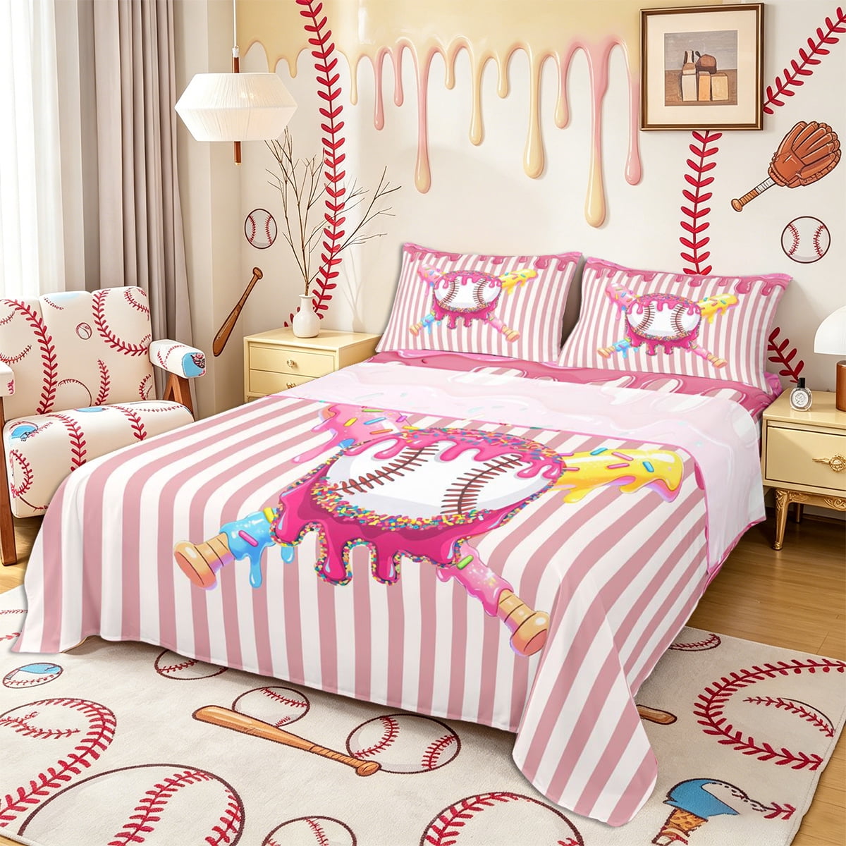 Castle Fairy Baseball Bat Print King Sheets 4pcs, Ice Cream Drip ...