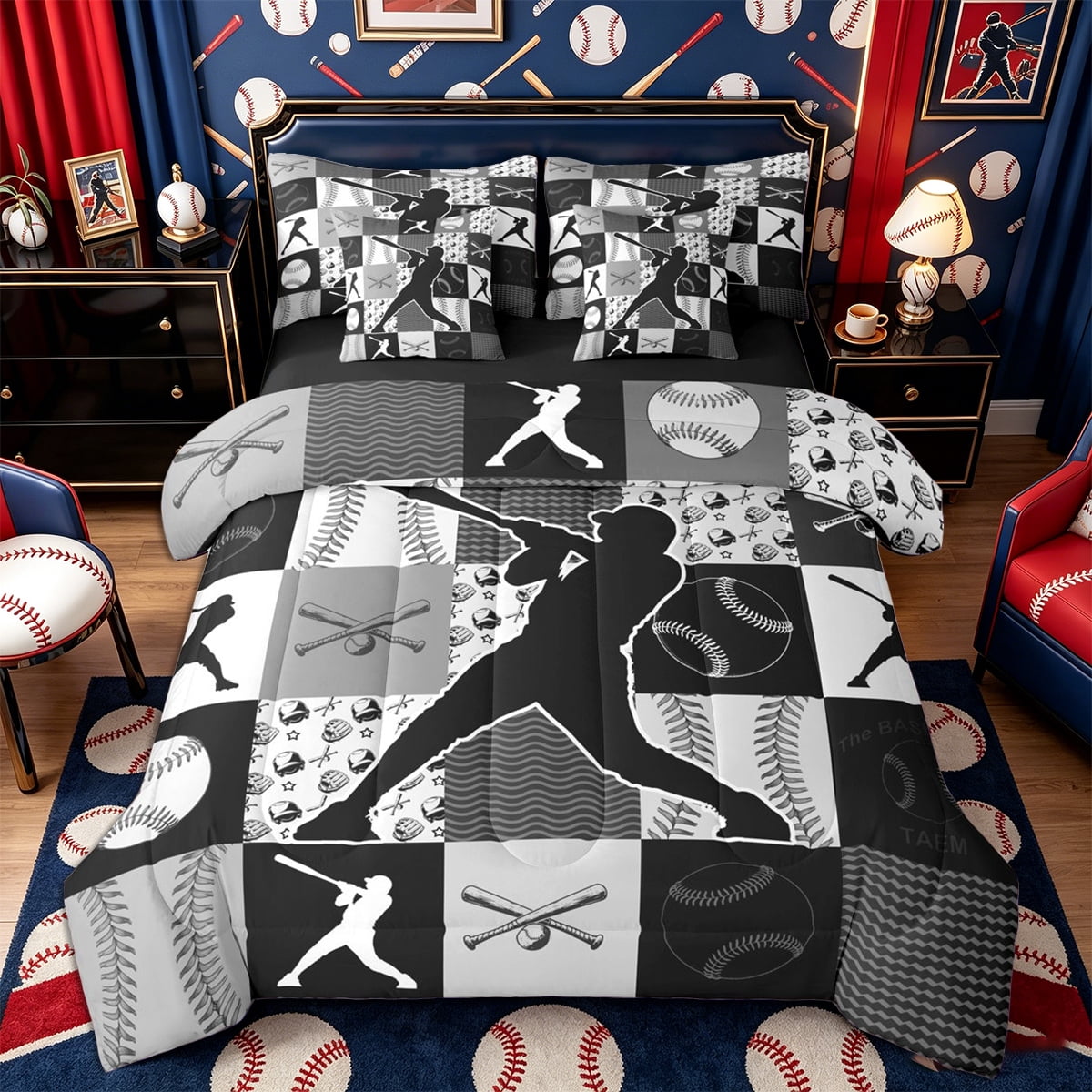 Castle Fairy Baseball Collage Queen Bedding 7pcs, Sport Theme Checkered ...