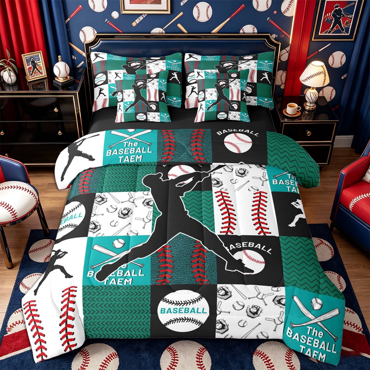 Castle Fairy Baseball Collage Queen Bedding 7pcs, Sport Theme Checkered ...