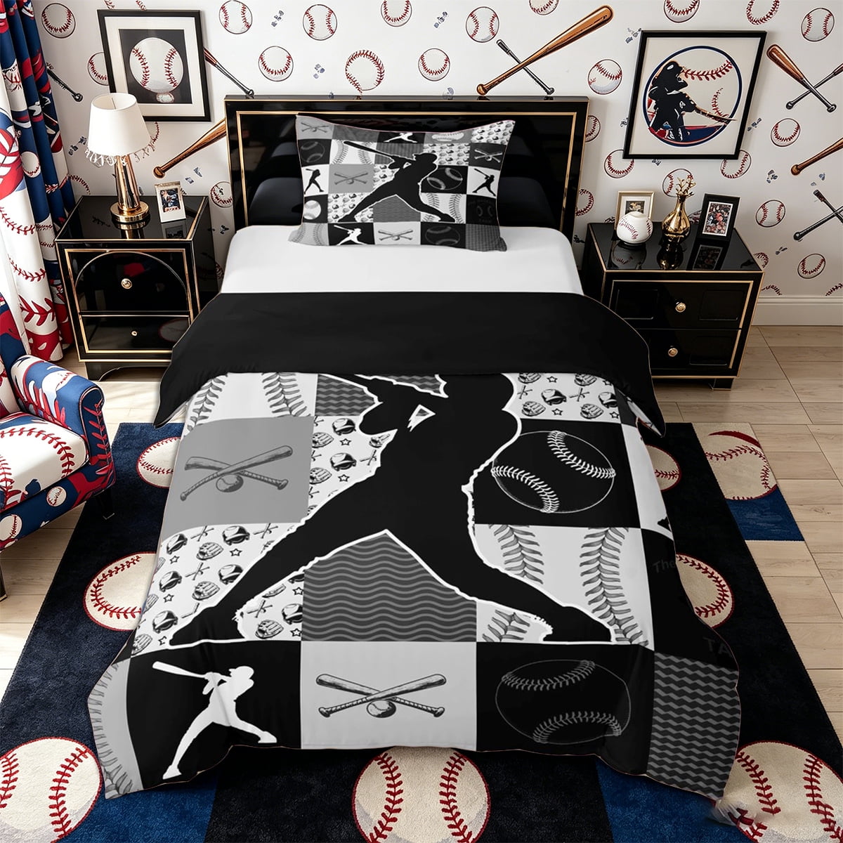 Castle Fairy Baseball Collage Twin Duvet Cover, Sport Theme Checkered ...