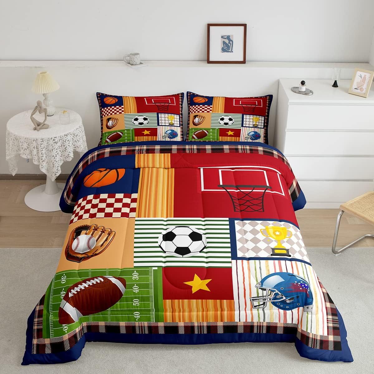 Castle Fairy Baseball Comforter Set Queen Size Graffiti Red Navy Blue ...