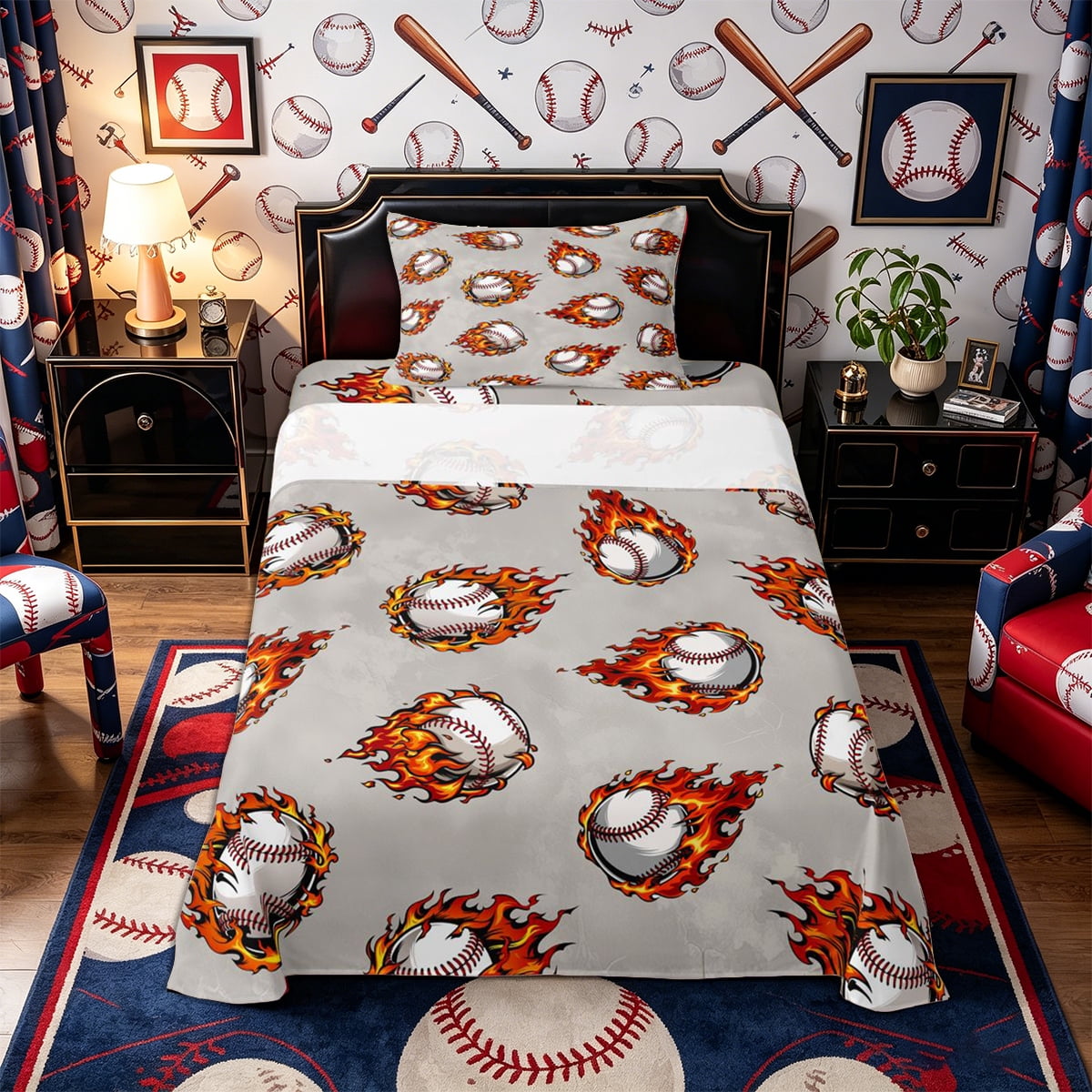 Castle Fairy Baseball Flame Twin Sheets 3pcs, Ball Gamer Bedding, Red ...
