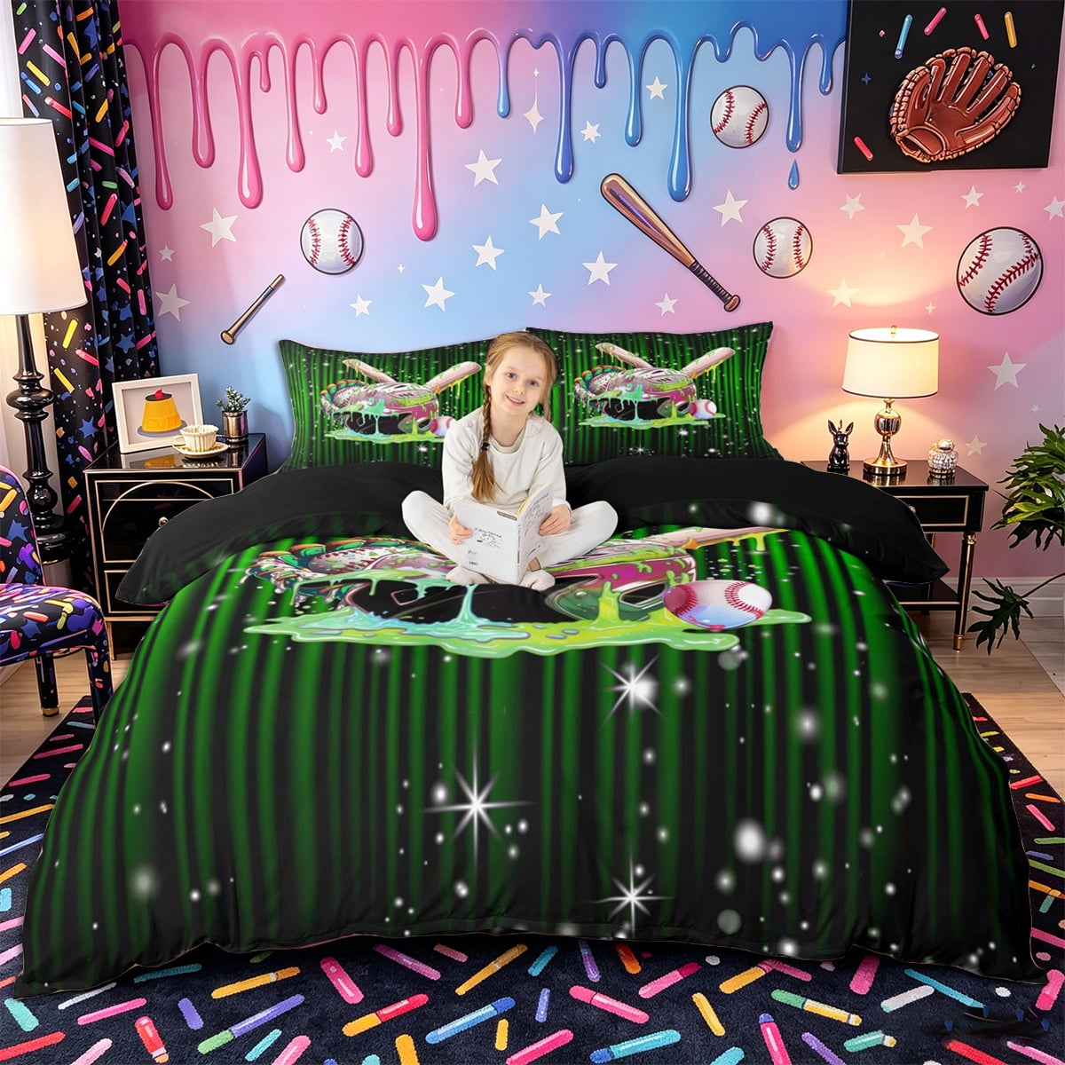 Castle Fairy Baseball Glove Bat Duvet Cover Queen, Ice Cream Stripes ...