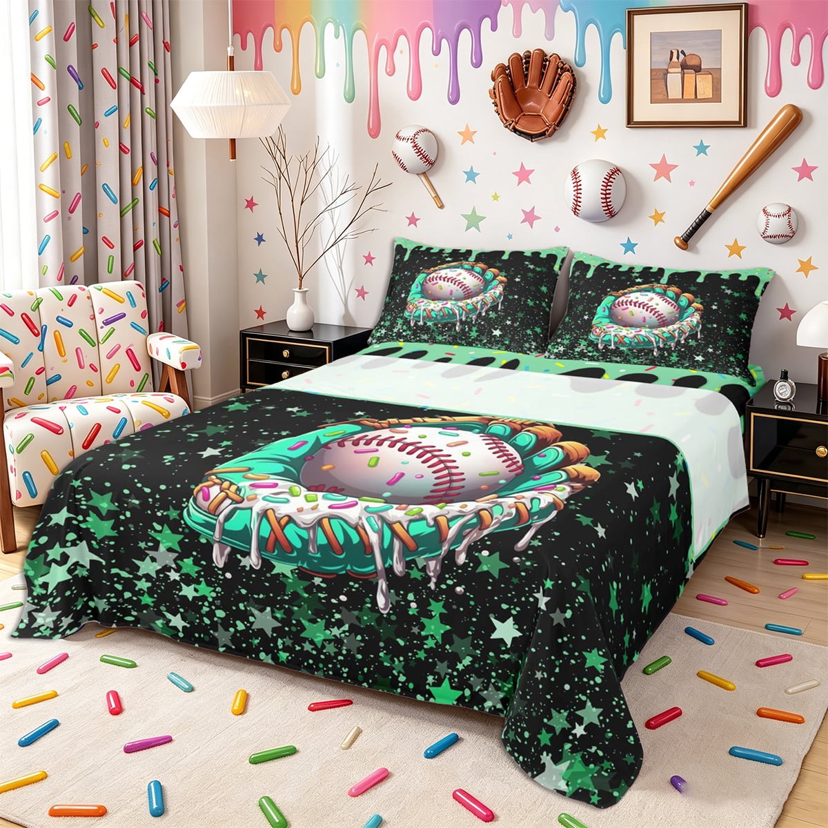 Castle Fairy Baseball Green Glove Bed Sheets 4-Piece, Stars Print Ice ...