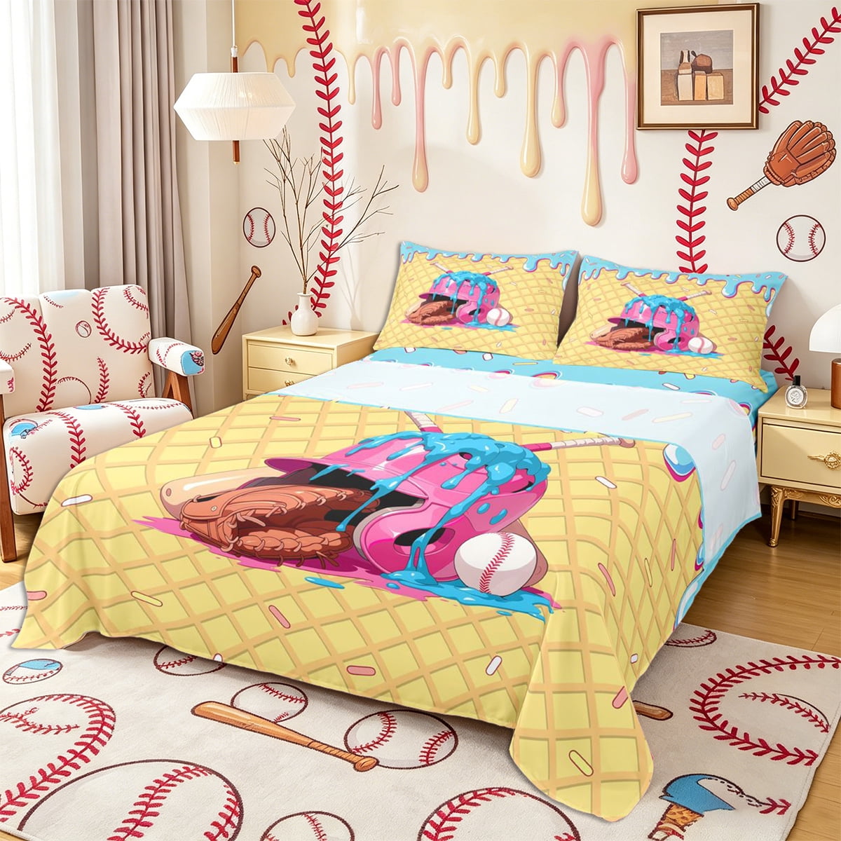 Castle Fairy Baseball Helmet King Sheets 4pcs, Waffle Ice Cream Drip ...