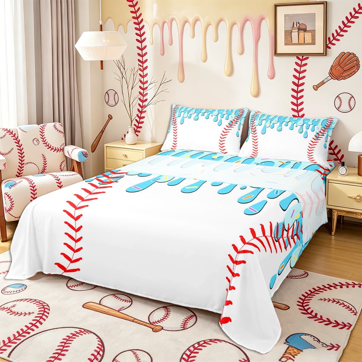 Castle Fairy Baseball Ice Cream Bed Sheets 4-Piece, Ball Gamer Full ...