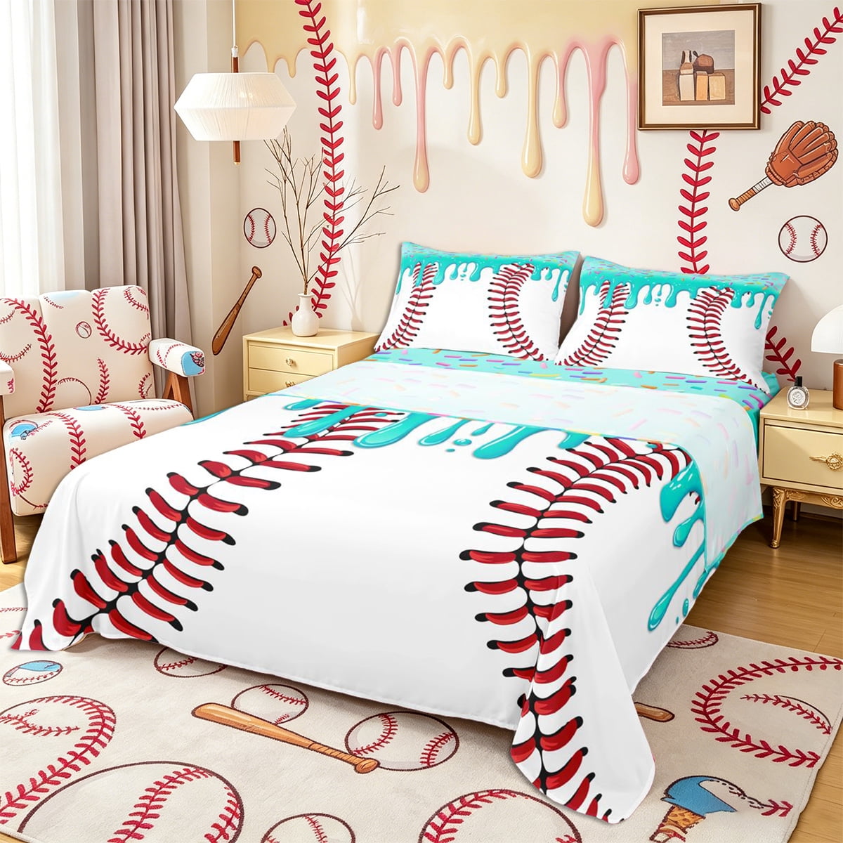 Castle Fairy Baseball Ice Cream Bed Sheets 4-Piece, Ball Gamer Full ...