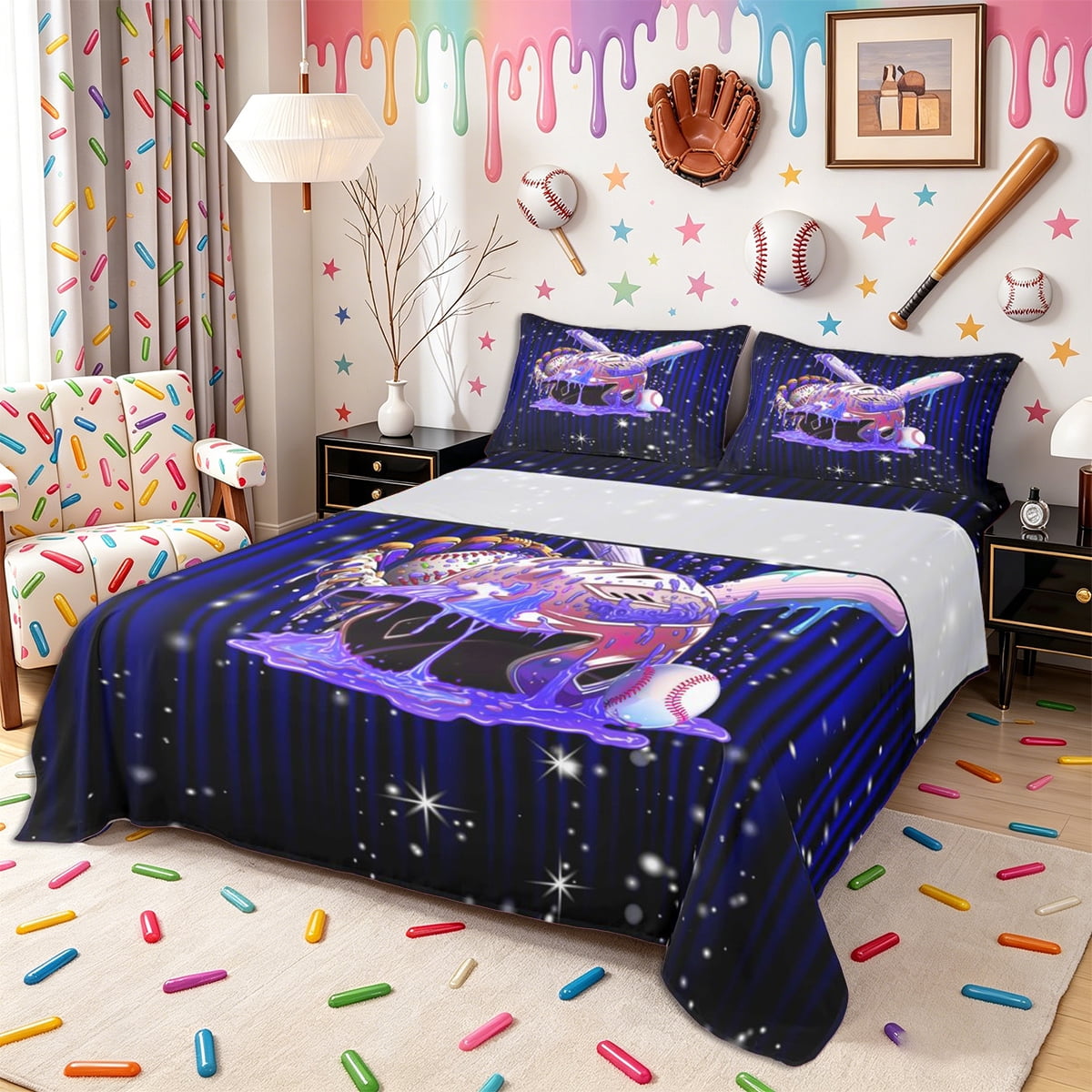 Castle Fairy Baseball Ice Cream Bed Sheets 4-Piece, Neon Blue Stripes ...