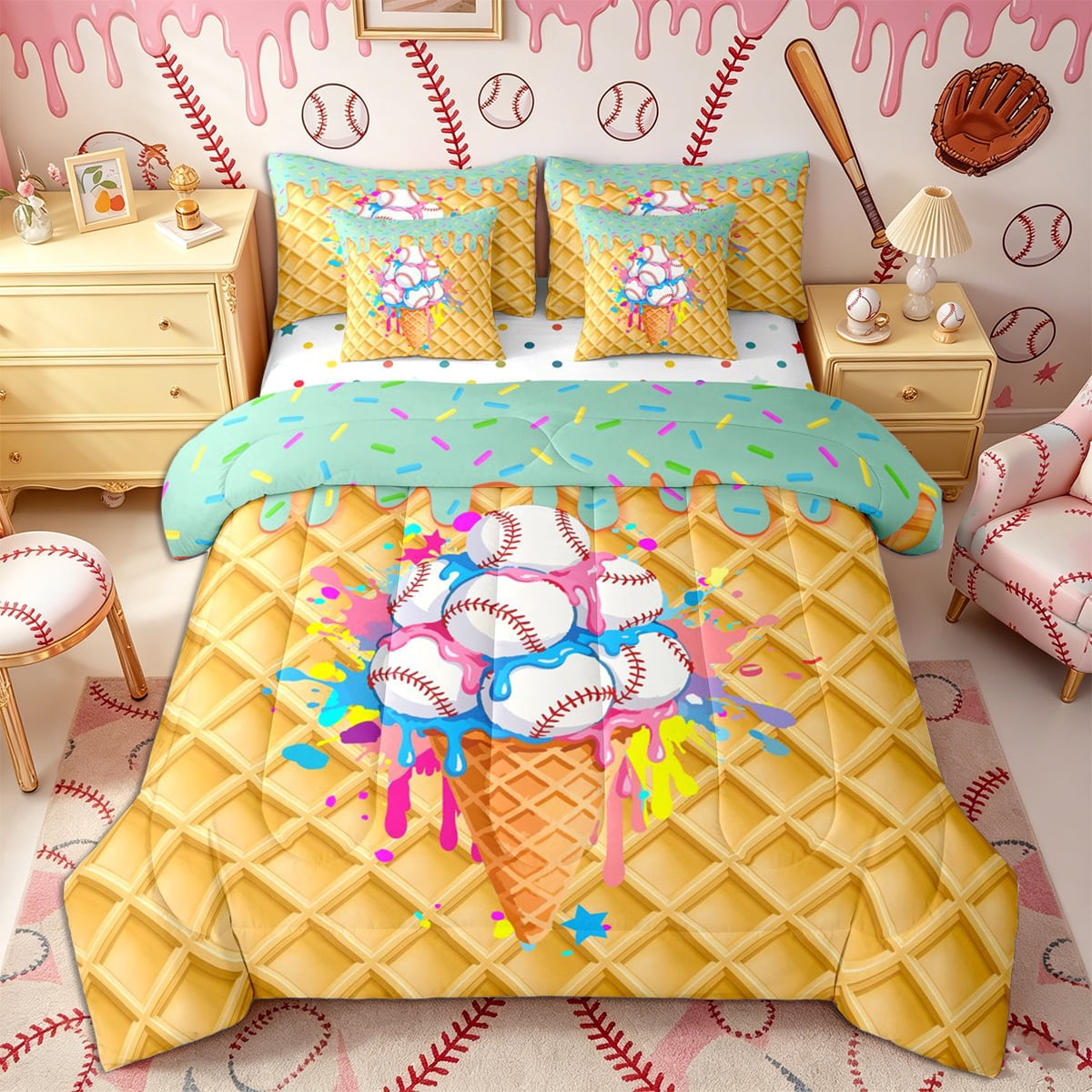 Castle Fairy Baseball Ice Cream Full Size Bedding Sets 7 Pieces, Sport ...