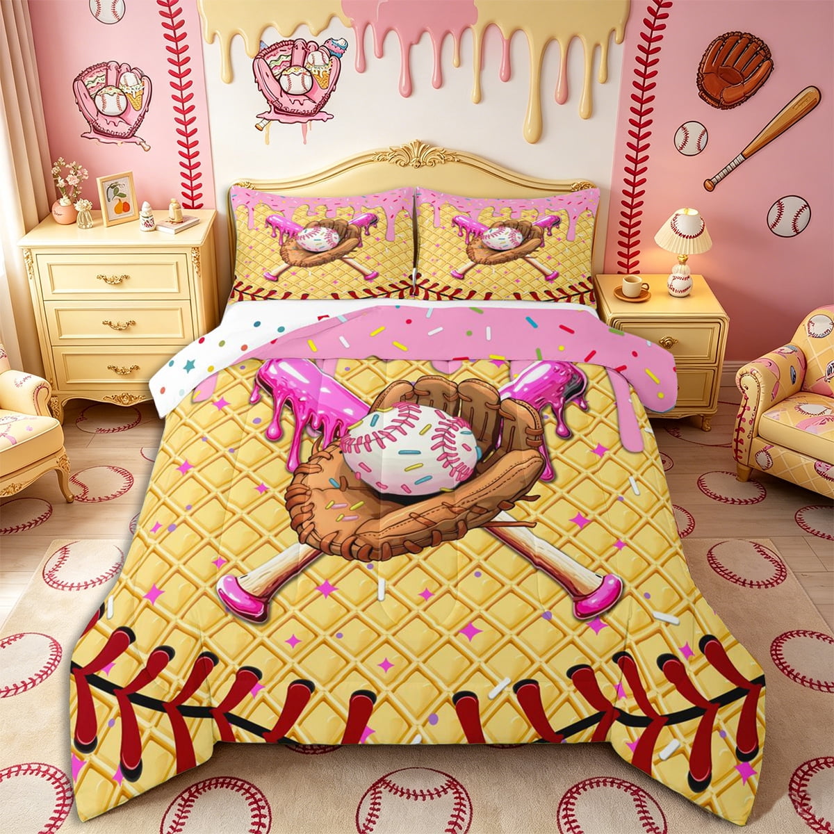 Castle Fairy Baseball Ice Cream Full Size Comforter Sets 3-Piece, Sport ...