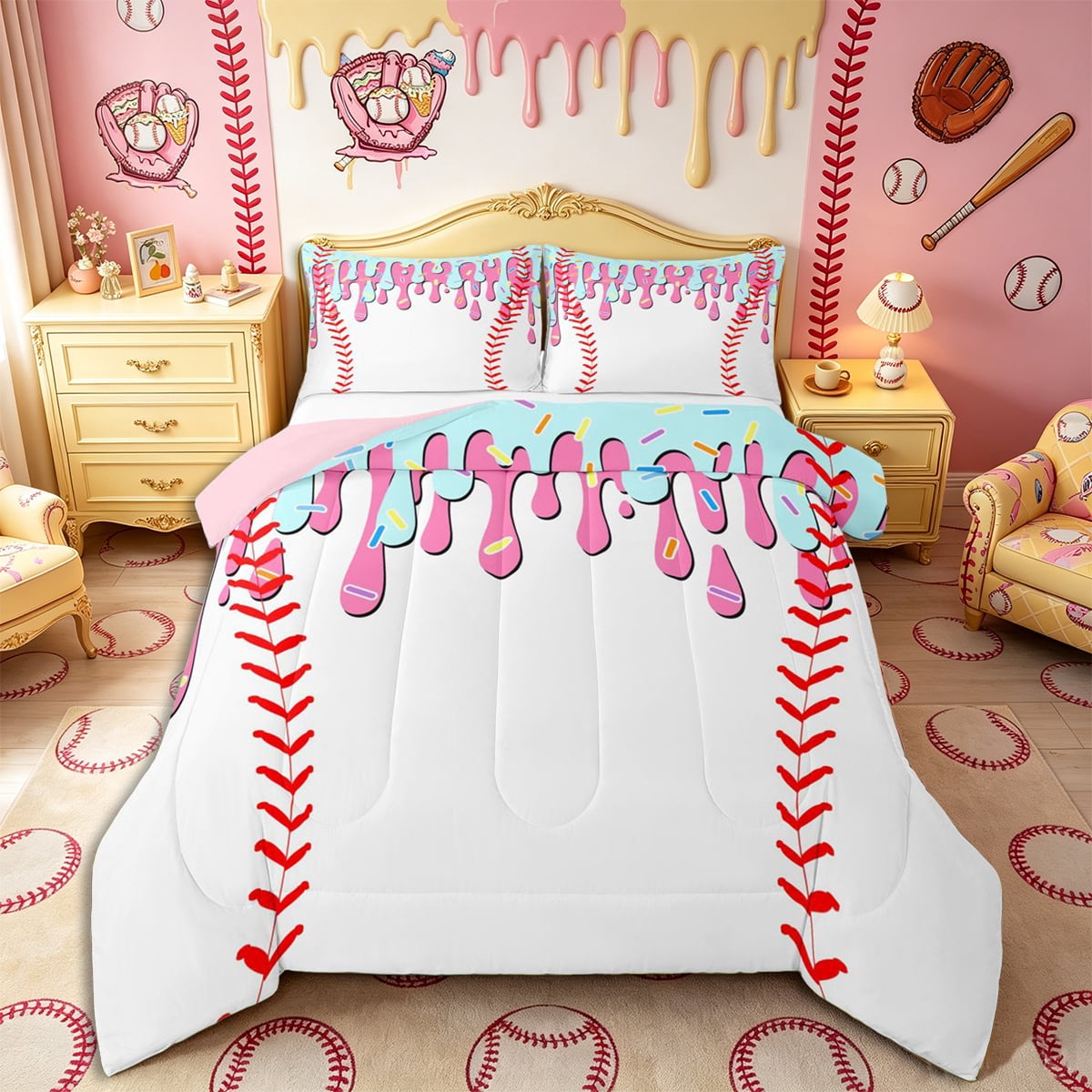 Castle Fairy Baseball Ice Cream Full Size Comforter Sets 3-Piece, Sport ...