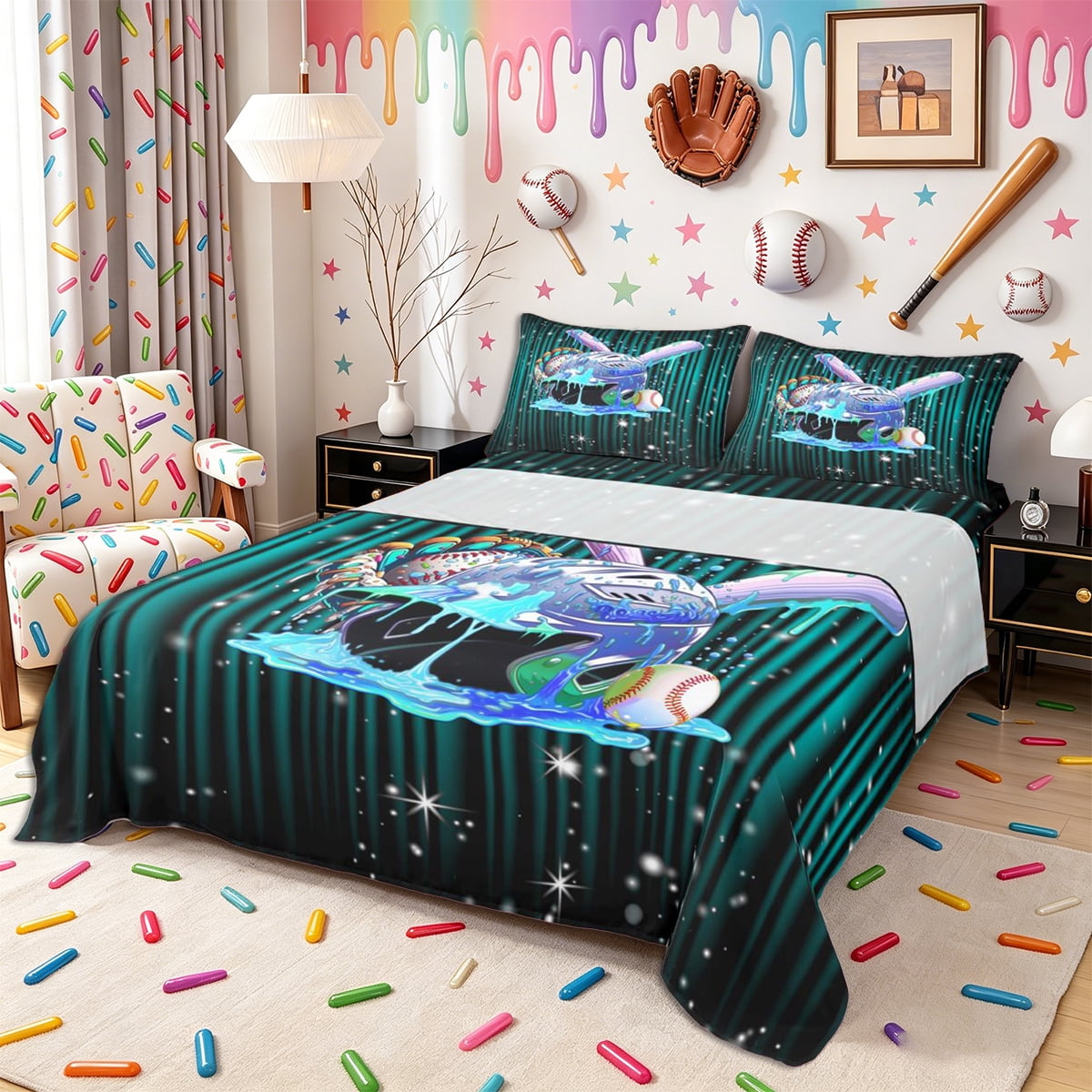 Castle Fairy Baseball Ice Cream King Sheets 4pcs, Neon Blue Stripes ...