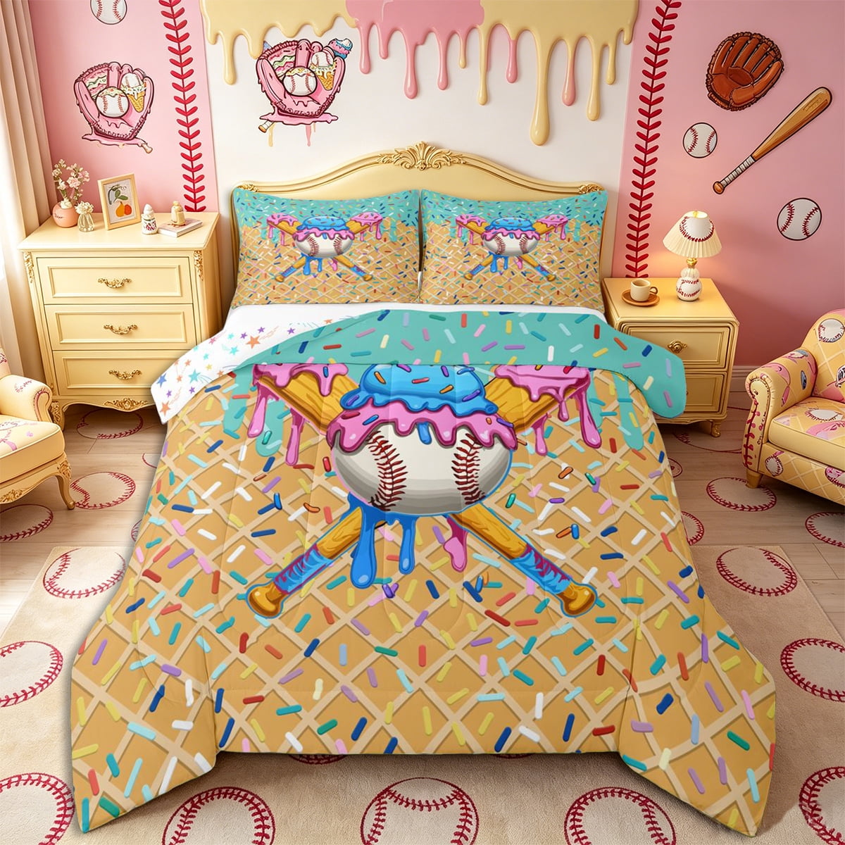 Castle Fairy Baseball Ice Cream Print Queen Comforter Set 3 Pieces ...