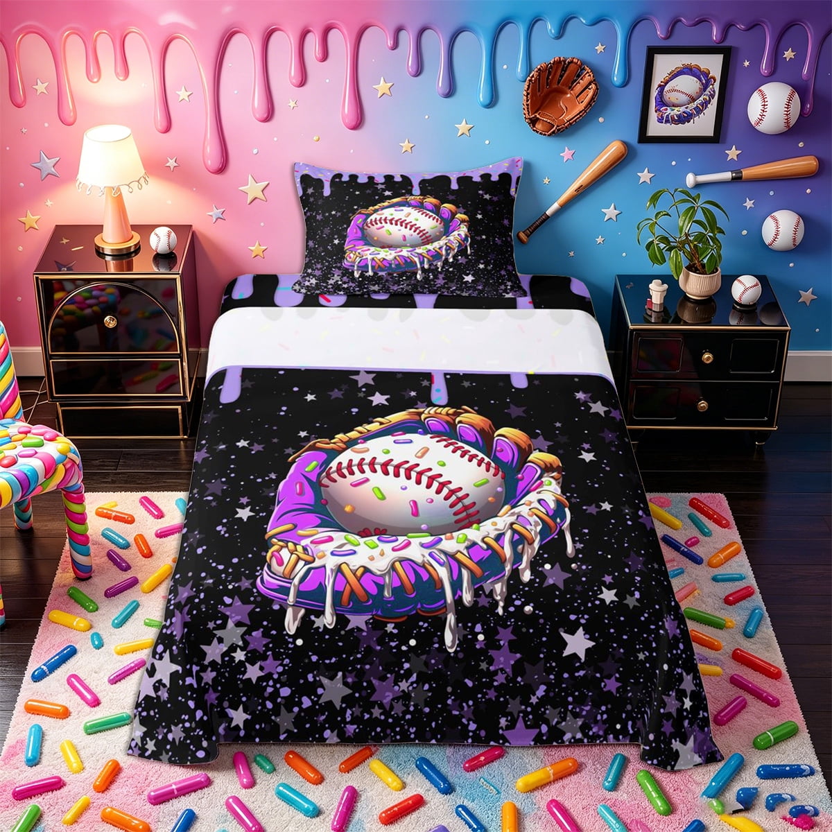 Castle Fairy Baseball Ice Cream Twin Sheets 3pcs, Gradient Stars Print ...