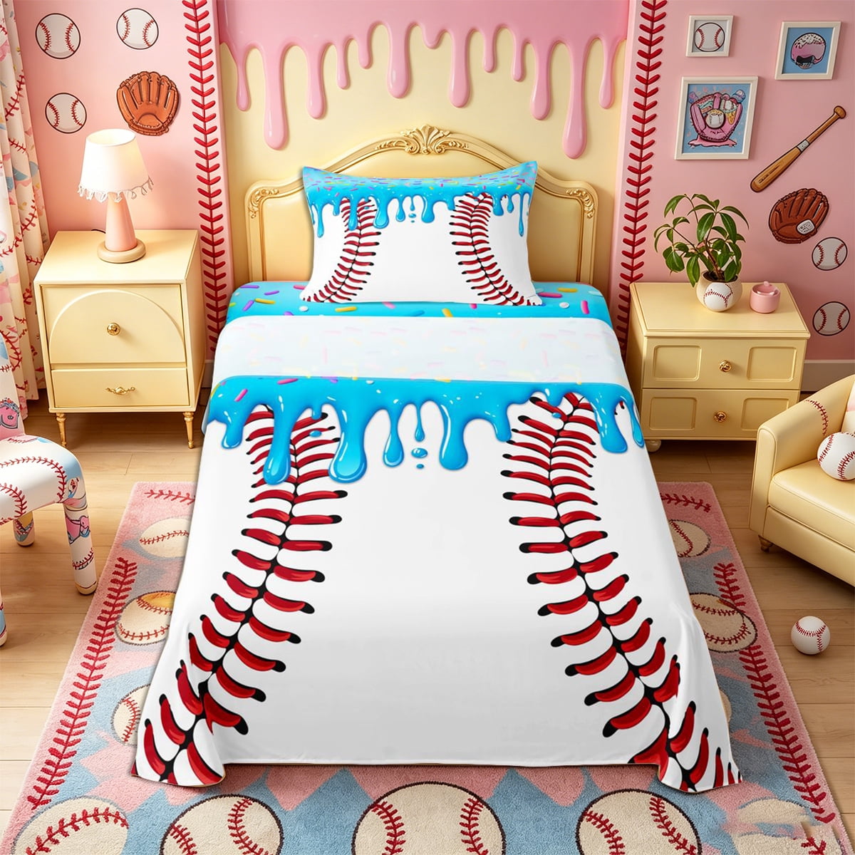 Castle Fairy Baseball Ice Cream Twin Sheets 3pcs, Sport Theme Bedding ...