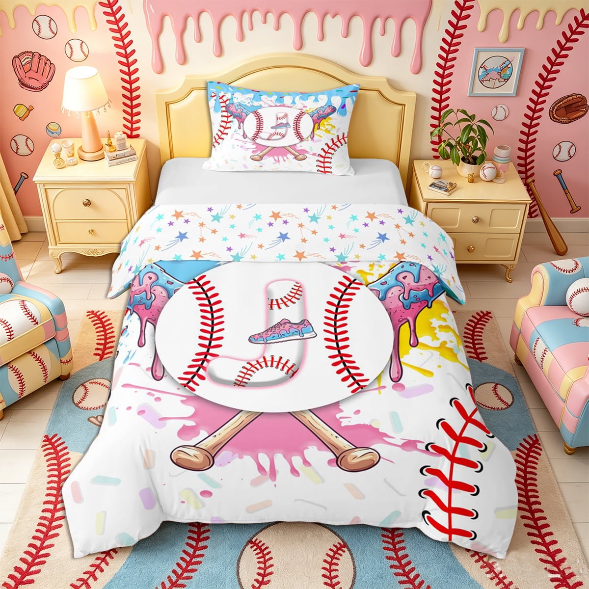 Castle Fairy Baseball Letter J Twin Duvet Cover, Sprinkle Drip Pattern ...
