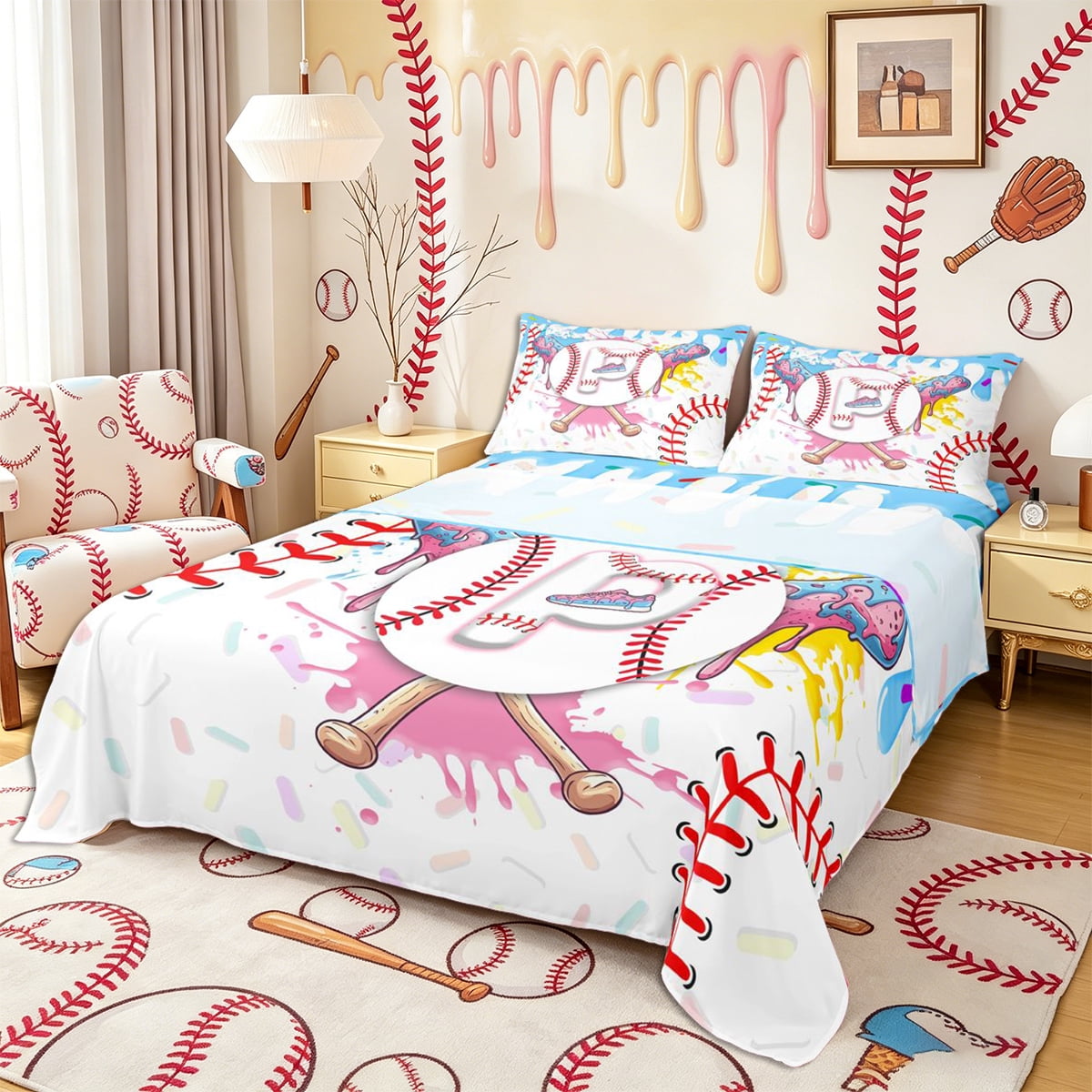 Castle Fairy Baseball Letter P Bed Sheets 4-Piece, Sprinkle Drip ...